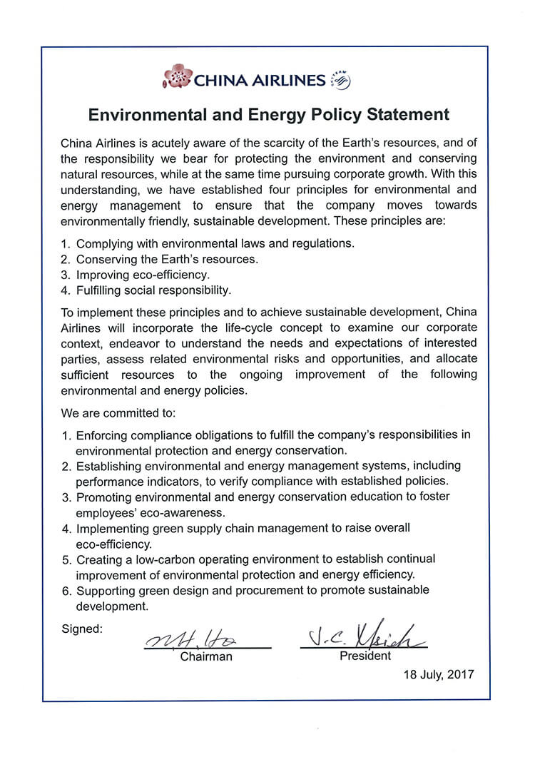 Environmental Governance - China Airlines Corporate Sustainability Site